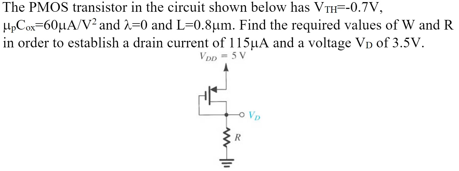 Solved The PMOS transistor in the circuit shown below has | Chegg.com