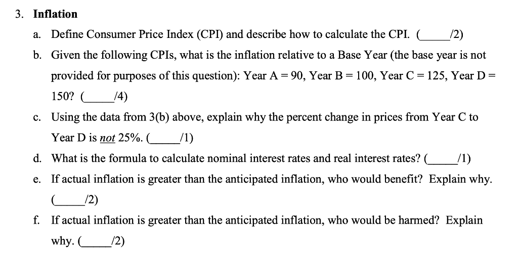 Solved a. Define Consumer Price Index (CPI) and describe how | Chegg.com