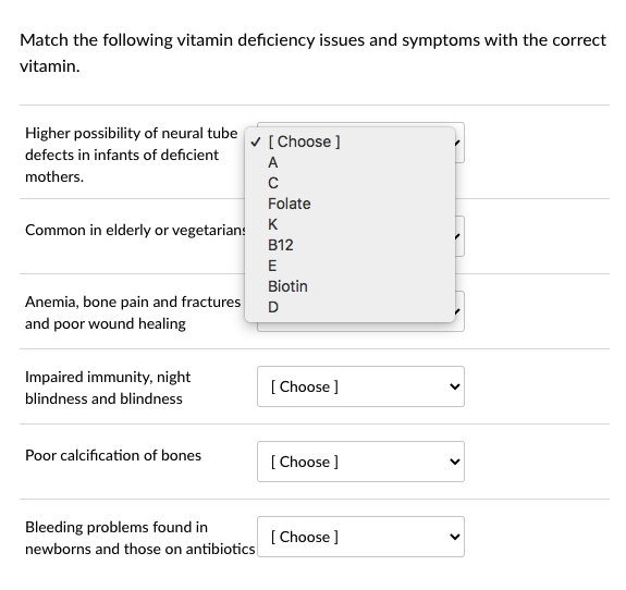 Solved Match the following vitamin deficiency issues and | Chegg.com