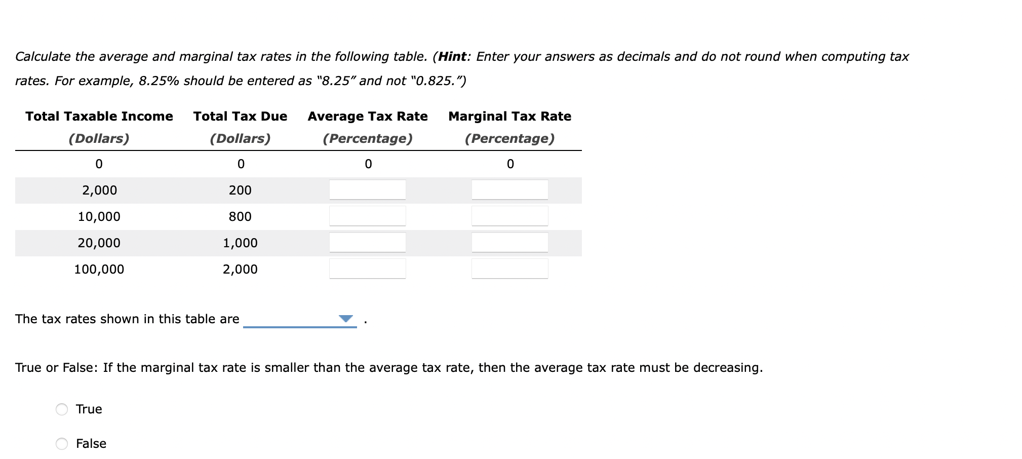 Solved Calculate the average and marginal tax rates in the | Chegg.com
