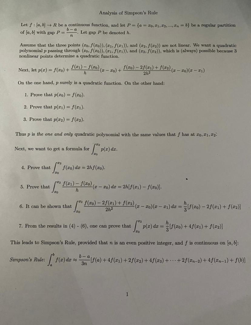 Solved Analysis of Simpson's Rule Let f:[a,b]→R be a | Chegg.com