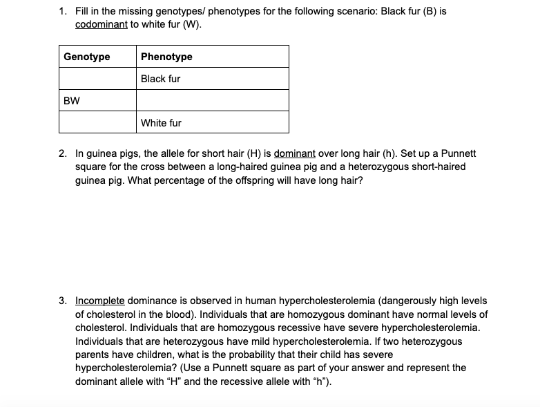 Solved 1. Fill in the missing genotypes/phenotypes for the | Chegg.com