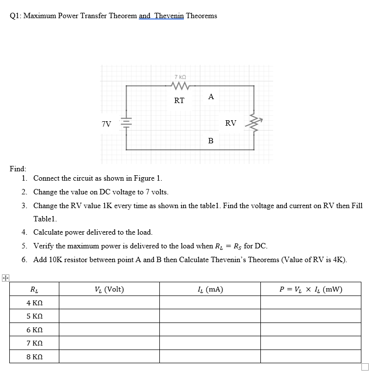 Solved Q1: Maximum Power Transfer Theorem and Thevenin | Chegg.com