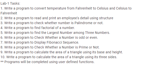Solved Lab-1 Tasks: 1. Write a program to convert | Chegg.com