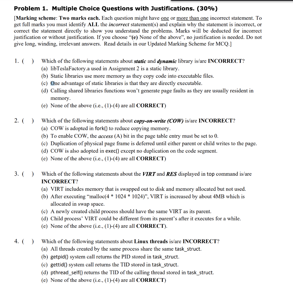 Problem 1. Multiple Choice Questions with | Chegg.com