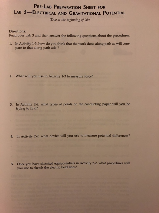 PRE-LAB PREPARATION SHEET FOR LAB 3-ELECTRICAL AND | Chegg.com