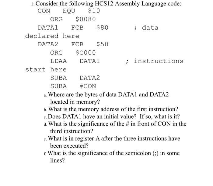 Solved 3. Consider the following HCS12 Assembly Language | Chegg.com