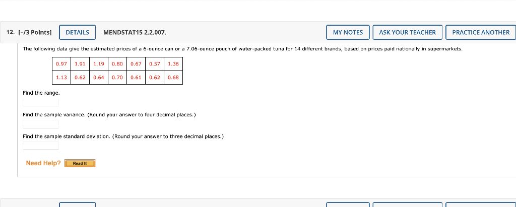 Solved [-/3 Points ] MENDSTAT15 2.2.007. The following data | Chegg.com