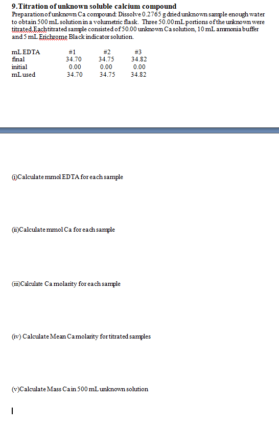 Solved 9.Titration of unknown soluble calcium compound | Chegg.com