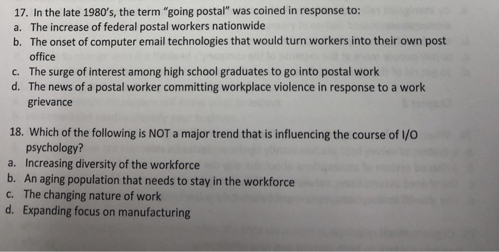 Solved 17. In the late 1980's, the term "going postal" was | Chegg.com