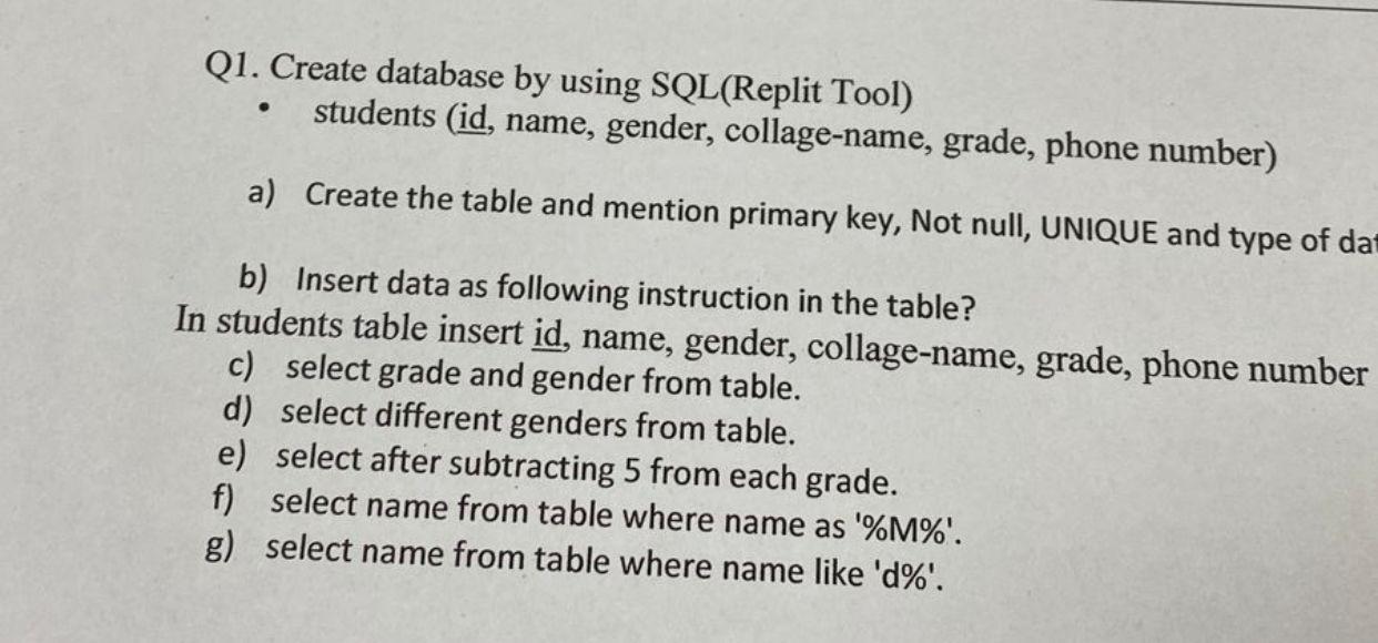 Solved Q1. Create database by using SQL(Replit Tool) | Chegg.com
