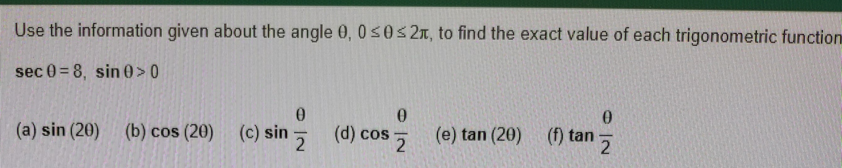 Solved Use the information given about the angle θ,0≤θ≤2π, | Chegg.com