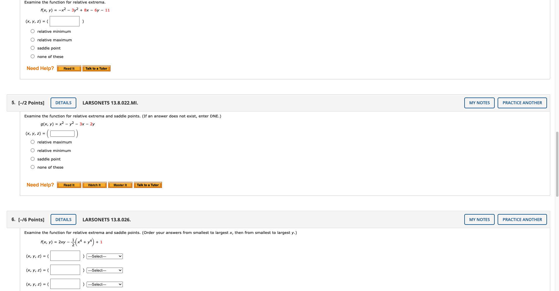 Solved Examine the function for relative extrema. f(x,y) = | Chegg.com