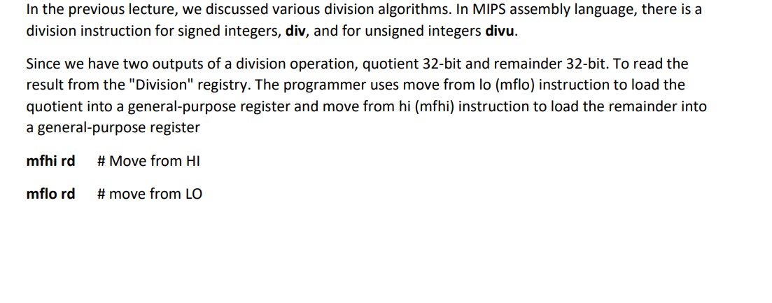 Solved Integer division in MIPS Write MIPS assembly code | Chegg.com