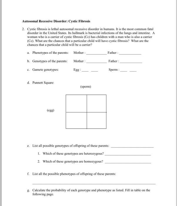 Solved Autosomal Recessive Disorder: Cystic Fibrosis 2. | Chegg.com