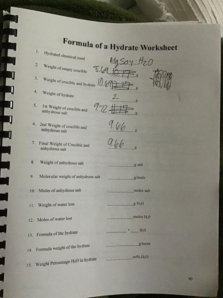 Solved 1. Hydrated chemical used Formula of a Hydrate | Chegg.com