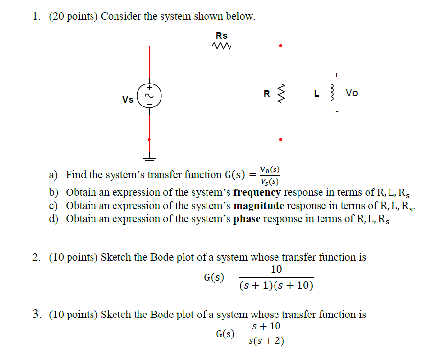 Solved 1. (20 points) Consider the system shown below. Rs + | Chegg.com