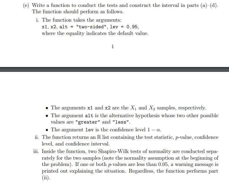 (e) Write a function to conduct the tests and | Chegg.com