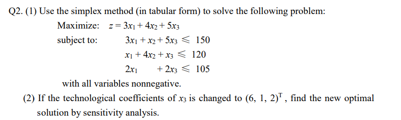 Solved Q2. (1) Use the simplex method (in tabular form) to | Chegg.com