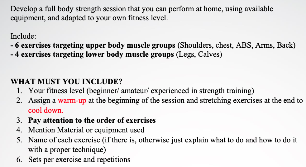 Solved Develop a full body strength session that you can | Chegg.com