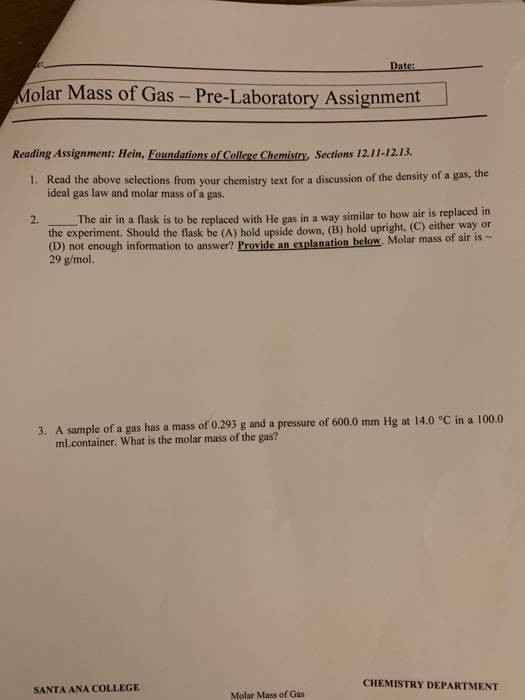 Solved Molar Mass of Gas- Pre-Laboratory Assignment Reading | Chegg.com