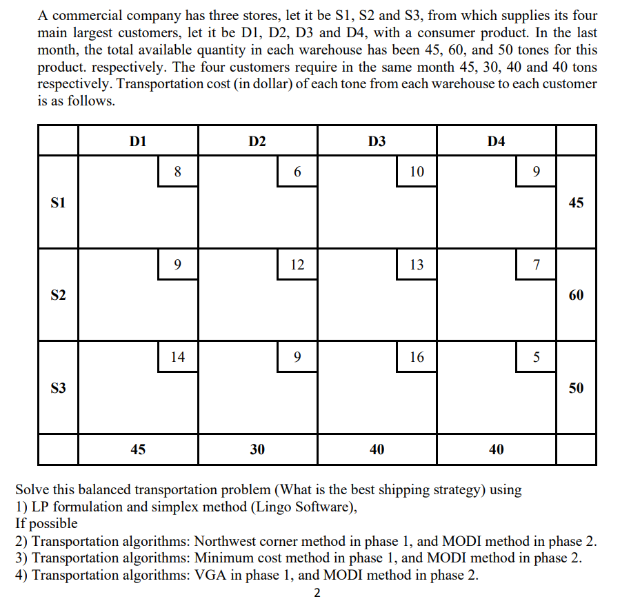 Solved A commercial company has three stores, let it be S1, | Chegg.com