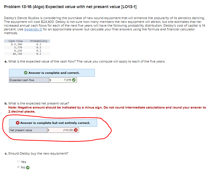 Solved Problem 13-16 (Algo) Expected value with net present | Chegg.com