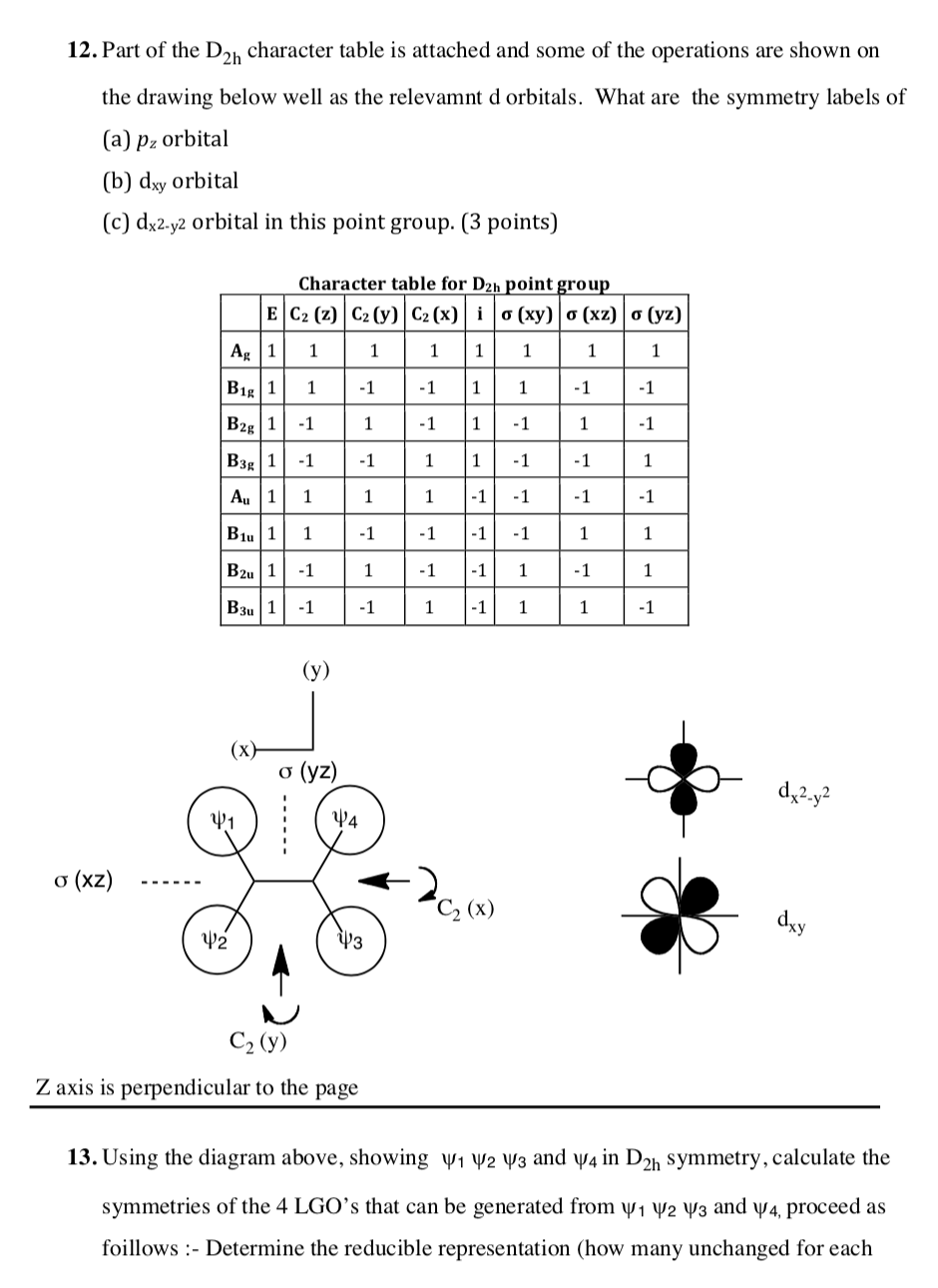 12. Part of the D2h character table is attached and | Chegg.com