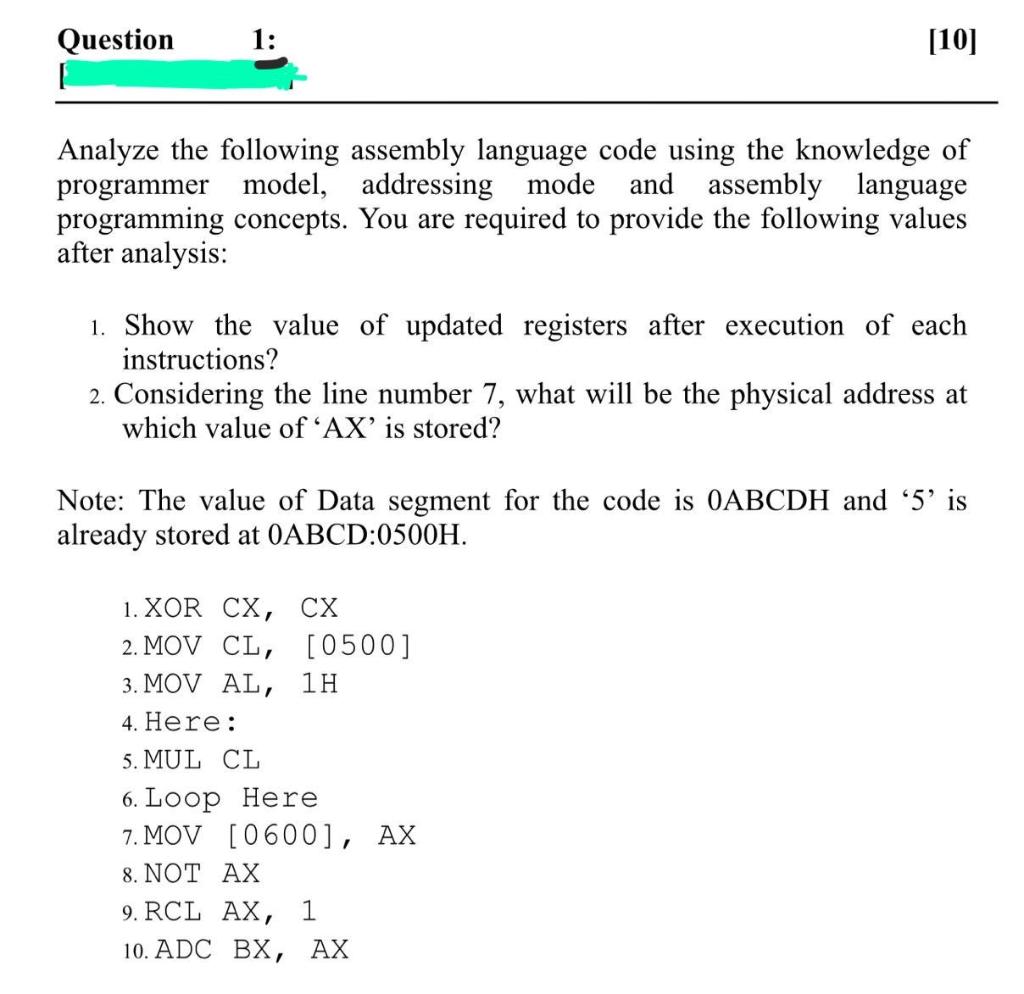 Question 1 10 Analyze The Following Assembly 