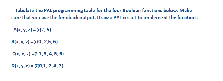 Tabulate the PAL programming table for the four | Chegg.com