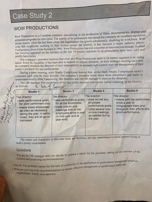 Solved Case Study 2 WOW PRODUCTIONS Wow Productions is a | Chegg.com
