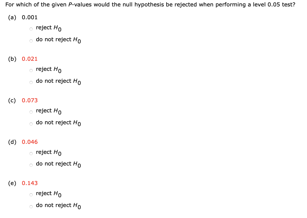 Solved For Which Of The Given P Values Would The Null