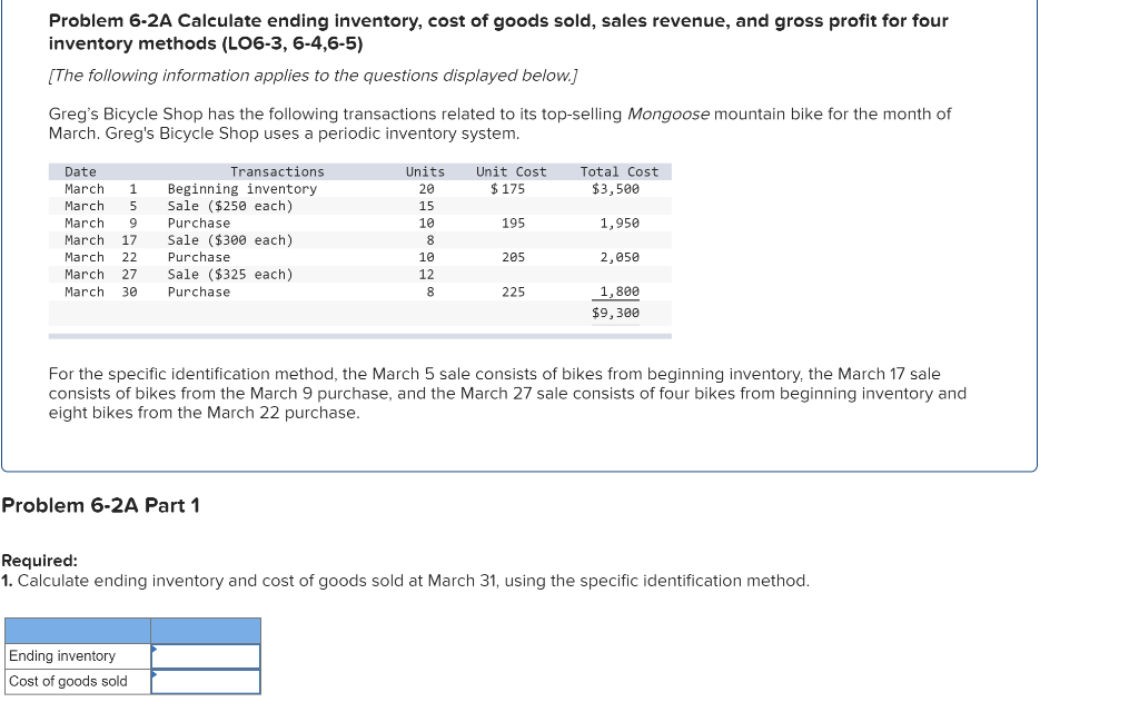 Solved Problem 6-2A Calculate ending inventory, cost of | Chegg.com