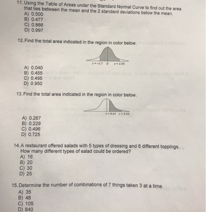 Solved 11.Using the Table of Areas under the Standard Normal | Chegg.com