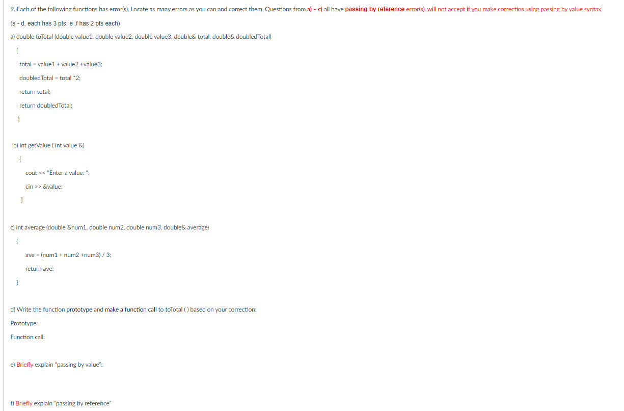 Solved 9. Each of the following functions has error(s). | Chegg.com