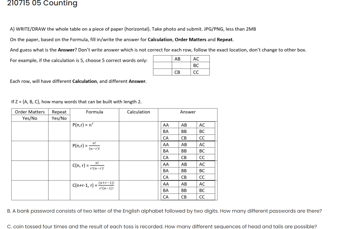 Solved 210715 05 Counting A) WRITE/DRAW the whole table on a | Chegg.com