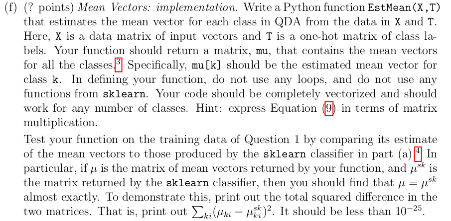 (f) (? points) Mean Vectors: implementation. Write a | Chegg.com