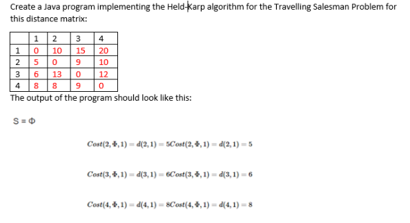 Solved Create a Java program implementing the Held Karp | Chegg.com