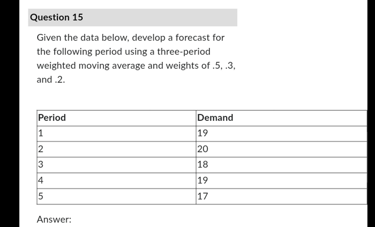 Solved Question 15Given the data below, develop a forecast | Chegg.com