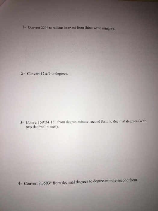 Solved I-Convert 220° to radians in exact form (hint: write | Chegg.com