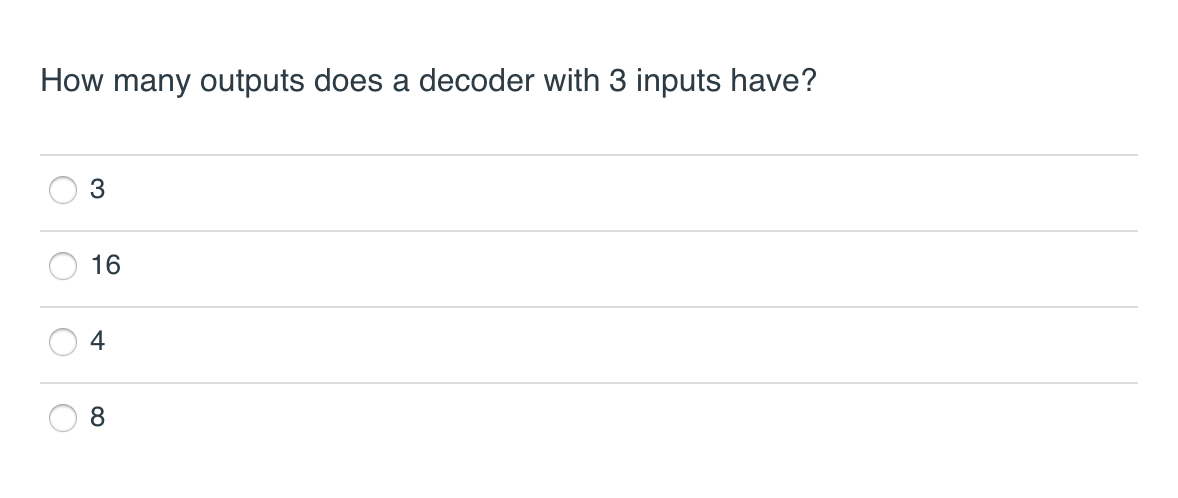 Solved How many outputs does a decoder with 3 inputs have? O | Chegg.com