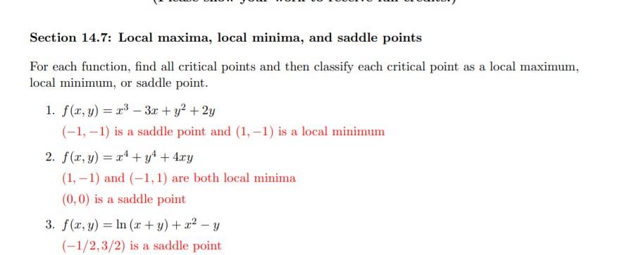 Solved Section 14.7: Local maxima, local minima, and saddle | Chegg.com