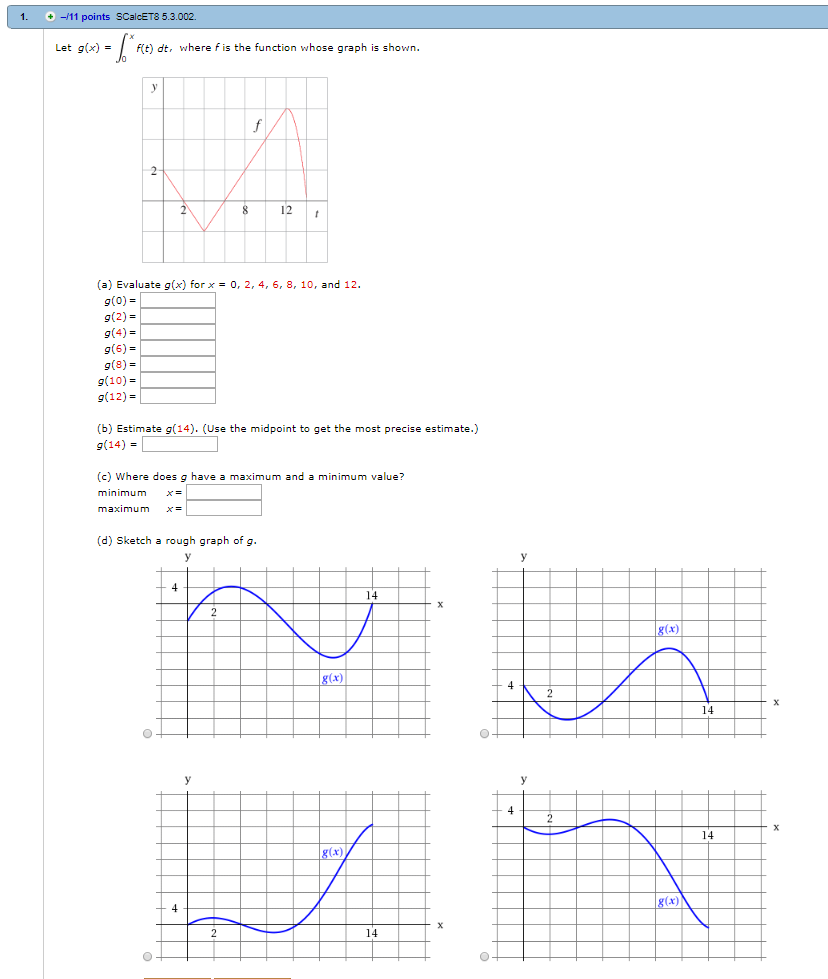 Solved 1. -/11 points SCalcET8 5.3.002. Let g(x)- f(t) dt, | Chegg.com
