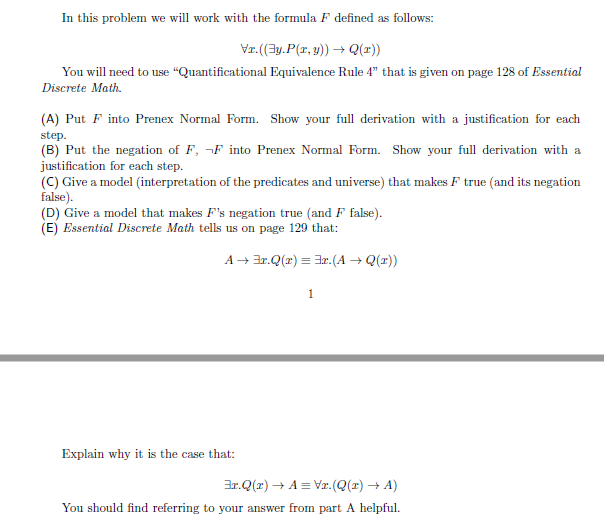 (A) Put F into Prenex Normal Form. Show your full | Chegg.com
