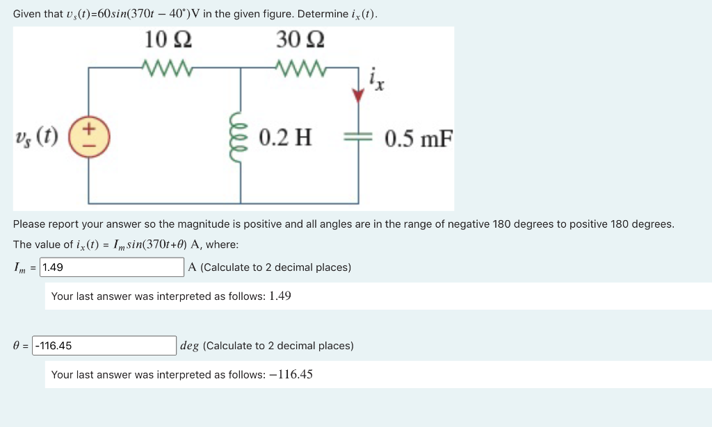 Solved Given that v,(t)=60sin(370t – 40°) V in the given | Chegg.com