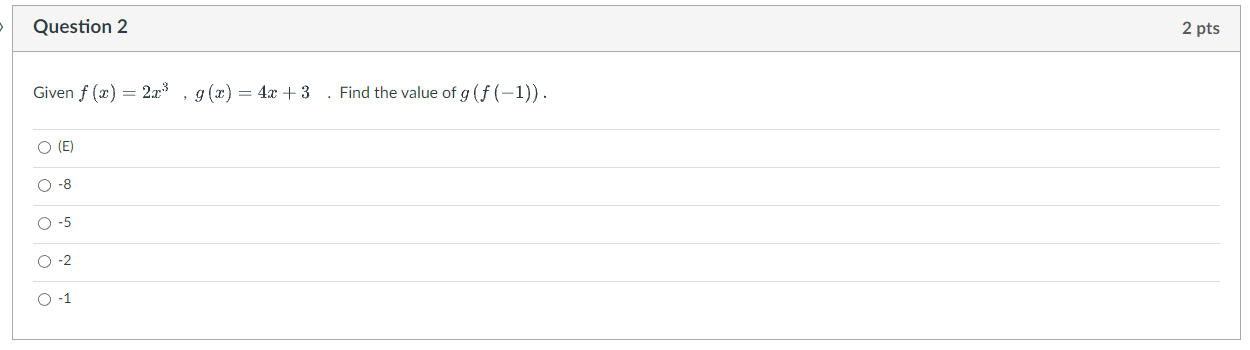 Solved Given f(x)=2x3,g(x)=4x+3. Find the value of g(f(−1)). | Chegg.com