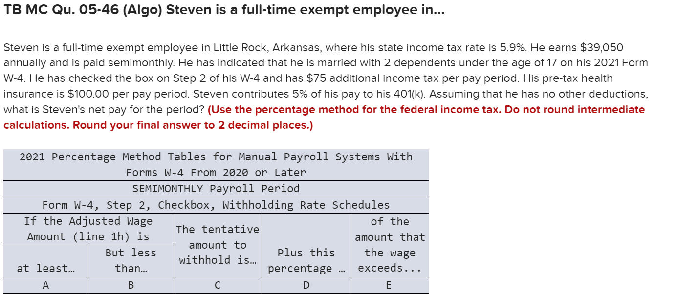 Solved TB MC Qu. 05-46 (Algo) Steven is a full-time exempt | Chegg.com