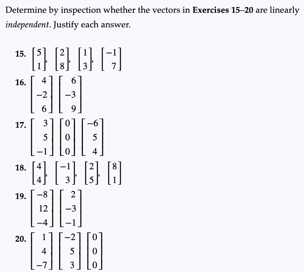 Solved Determine by inspection whether the vectors in | Chegg.com