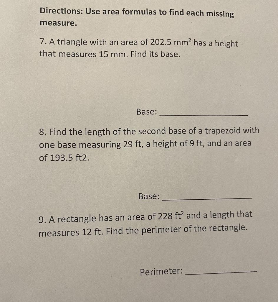 Solved Directions: Use area formulas to find each missing | Chegg.com