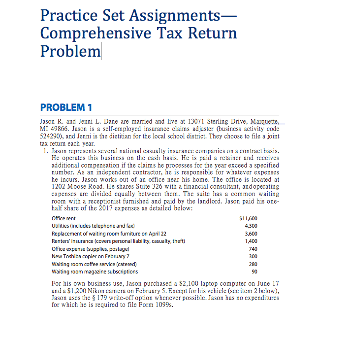 Practice Set Assignments Comprehensive Tax Return | Chegg.com